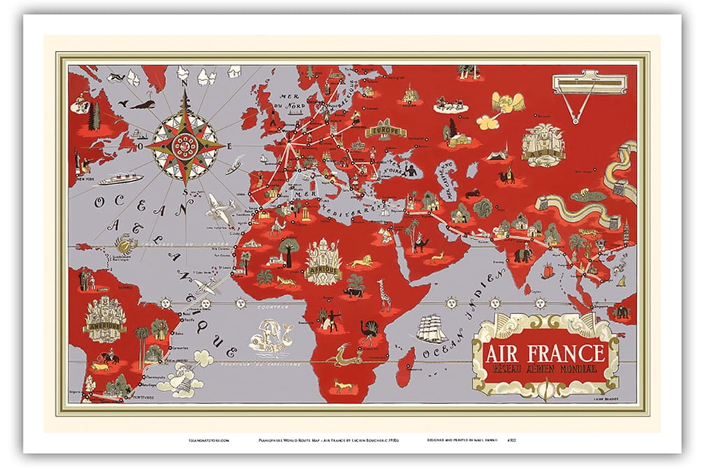 Planisphere World Route Map - France - Réseau Aérien Mondial - Vintage Airline Travel Poster by ...