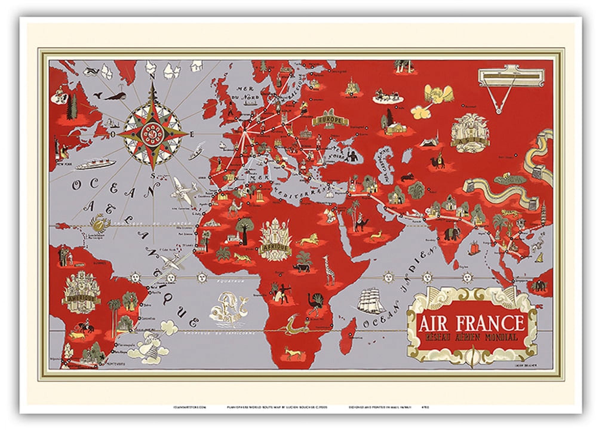 Planisphere World Route Map - France - Réseau Aérien Mondial - Vintage ...
