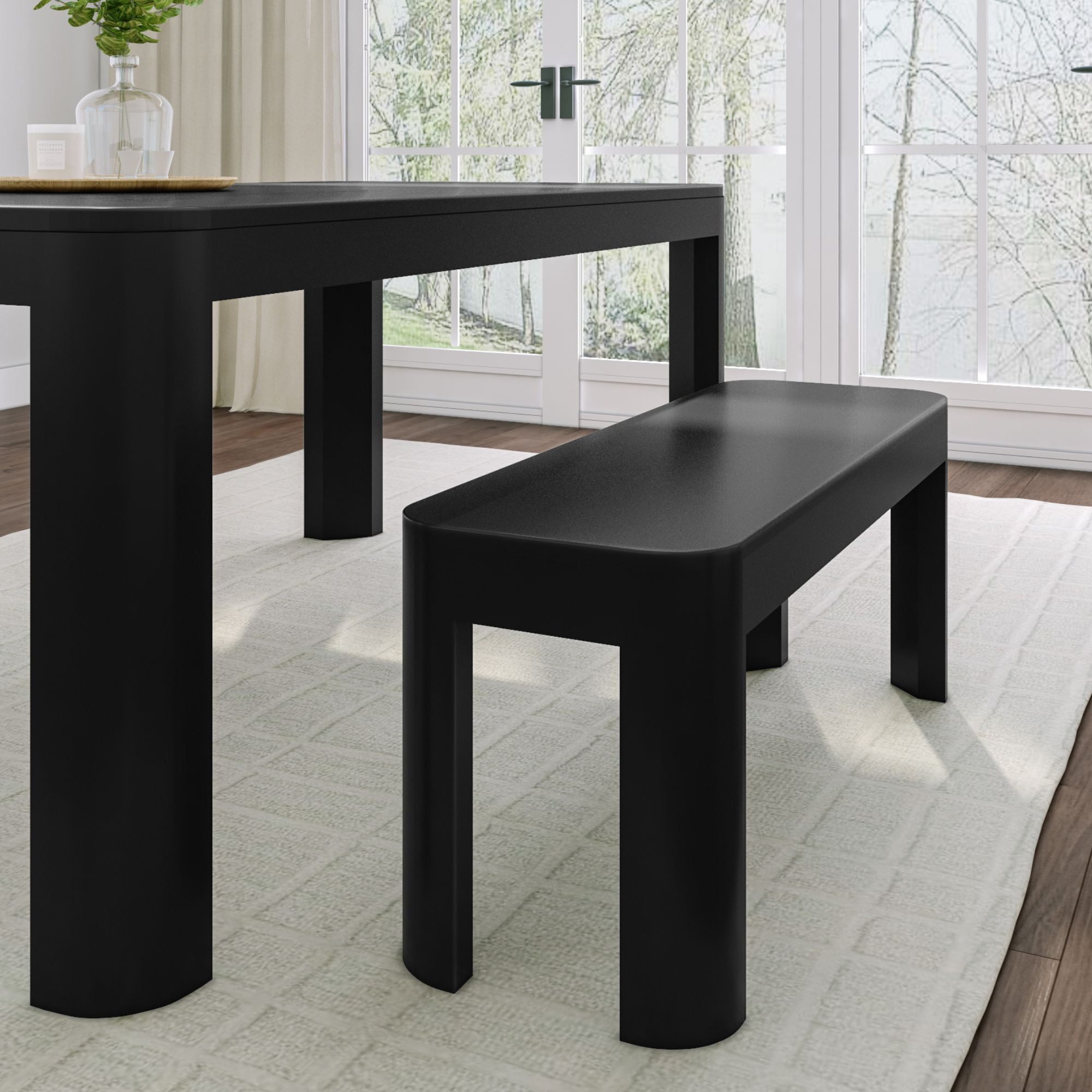 Plank+Beam Wood Indoor Dining Bench, 46 Inch Modern Rounded Edge, Black ...