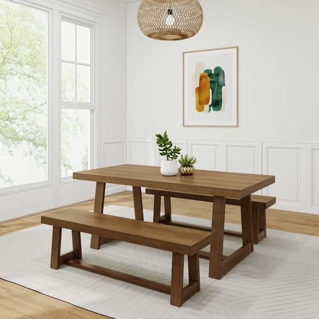 Plank+Beam Farmhouse Dining Table Set with 2 Benches, Table for Dining ...