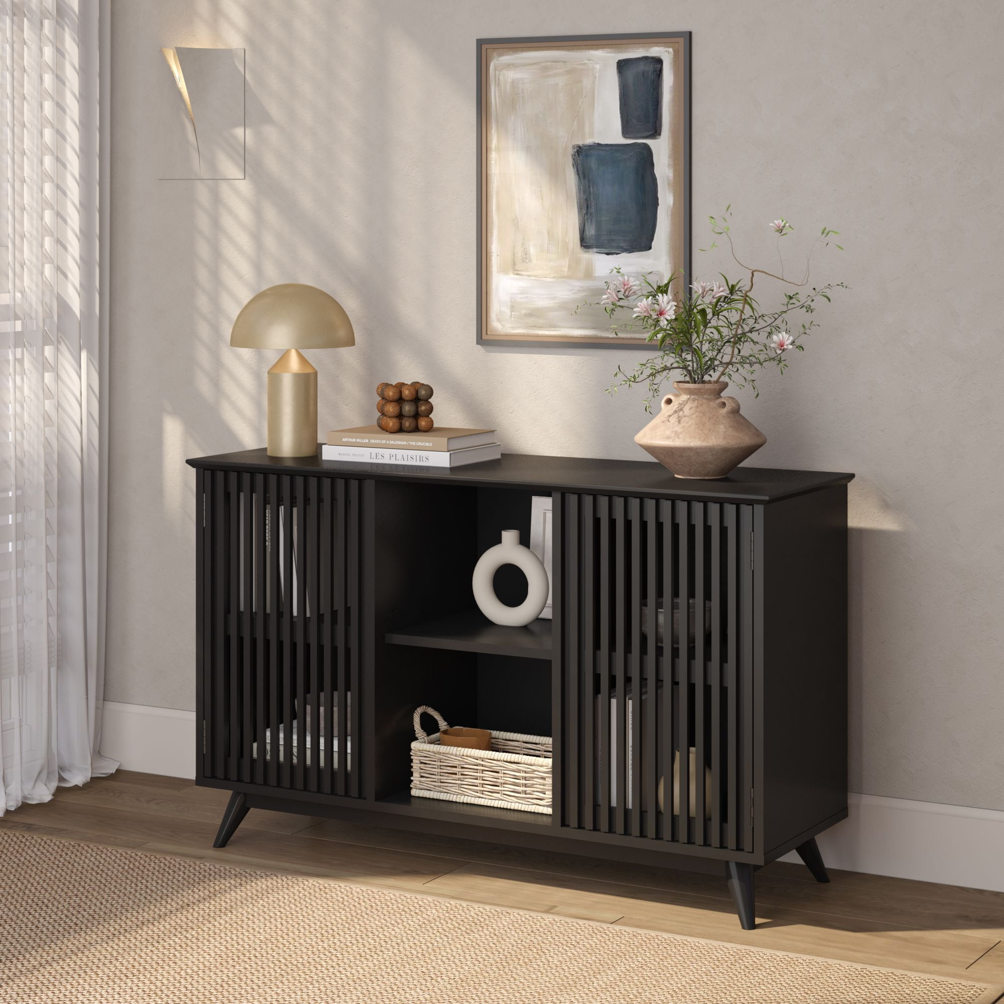 Plank+Beam Mid Century Modern Solid Wood Sideboard with 2 Doors, 49" TV ...