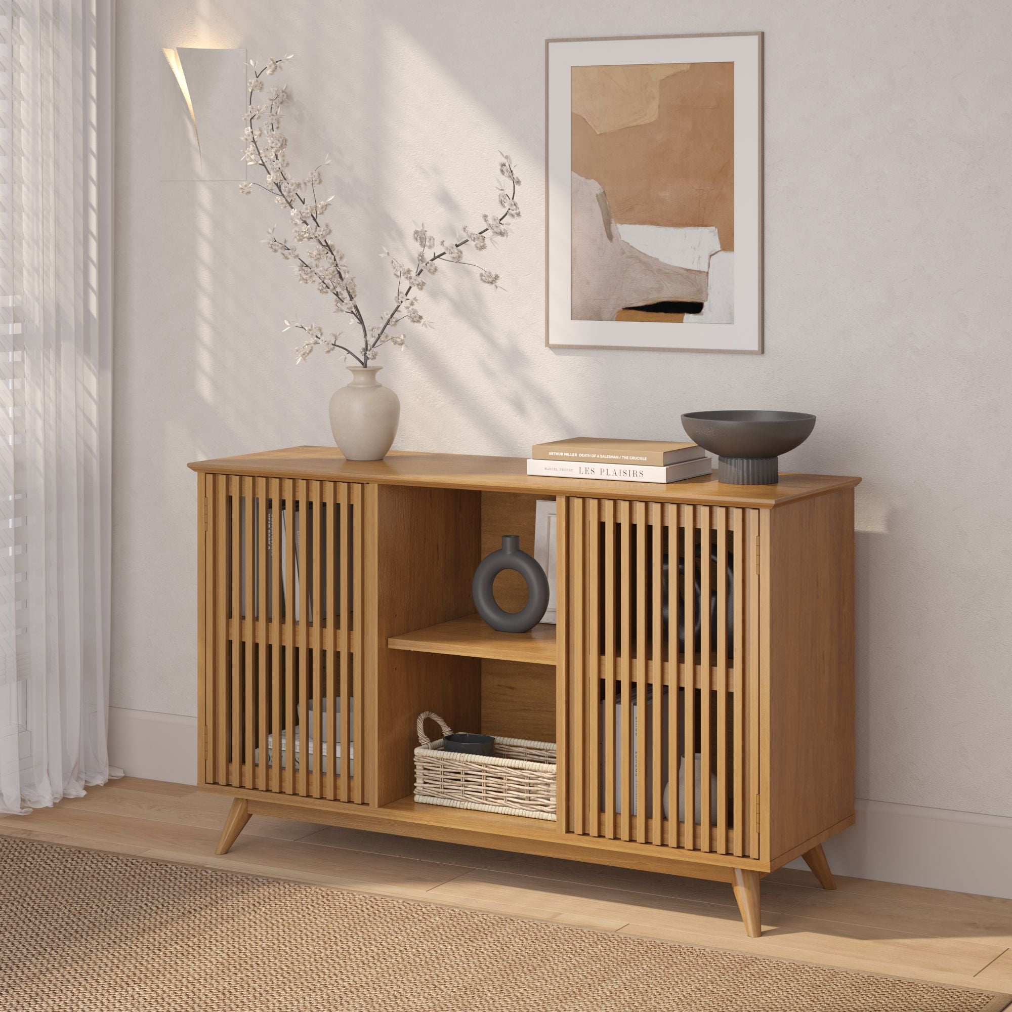 Plank+Beam Mid Century Modern Solid Wood Sideboard with 2 Doors, 49" TV ...