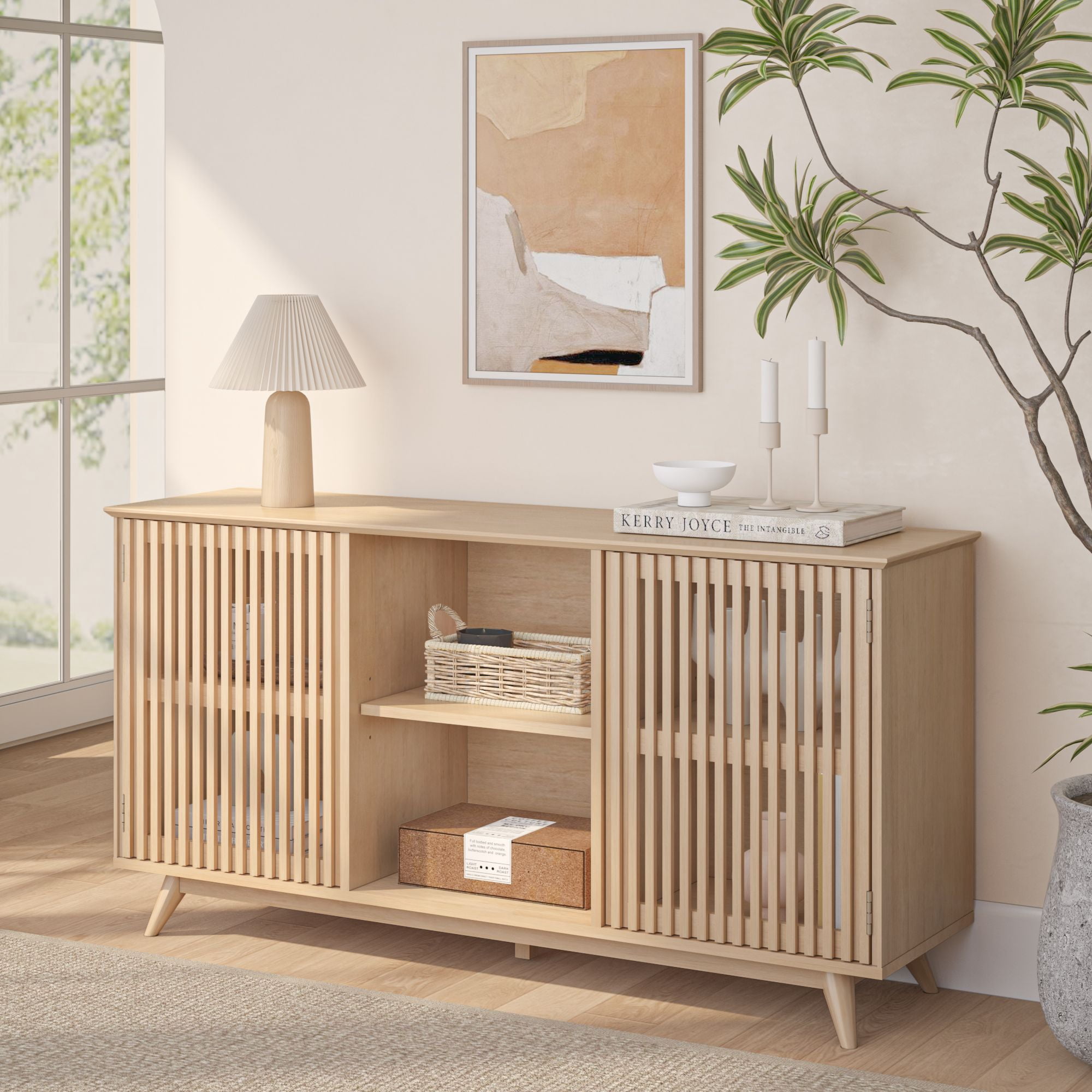 Plank+Beam Mid Century Modern Solid Wood Sideboard with 2 Doors, 59" TV ...
