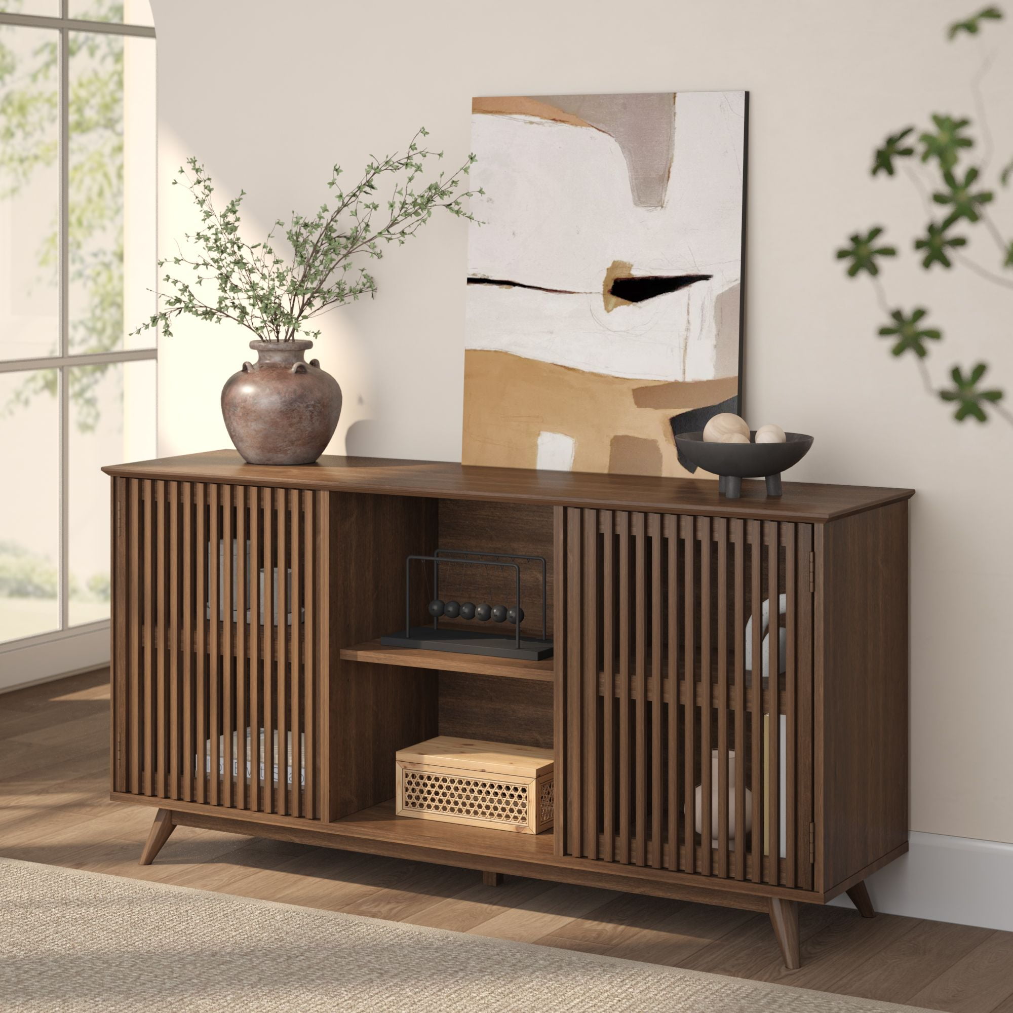 Plank+Beam Mid Century Modern Solid Wood Sideboard with 2 Doors, 59" TV ...