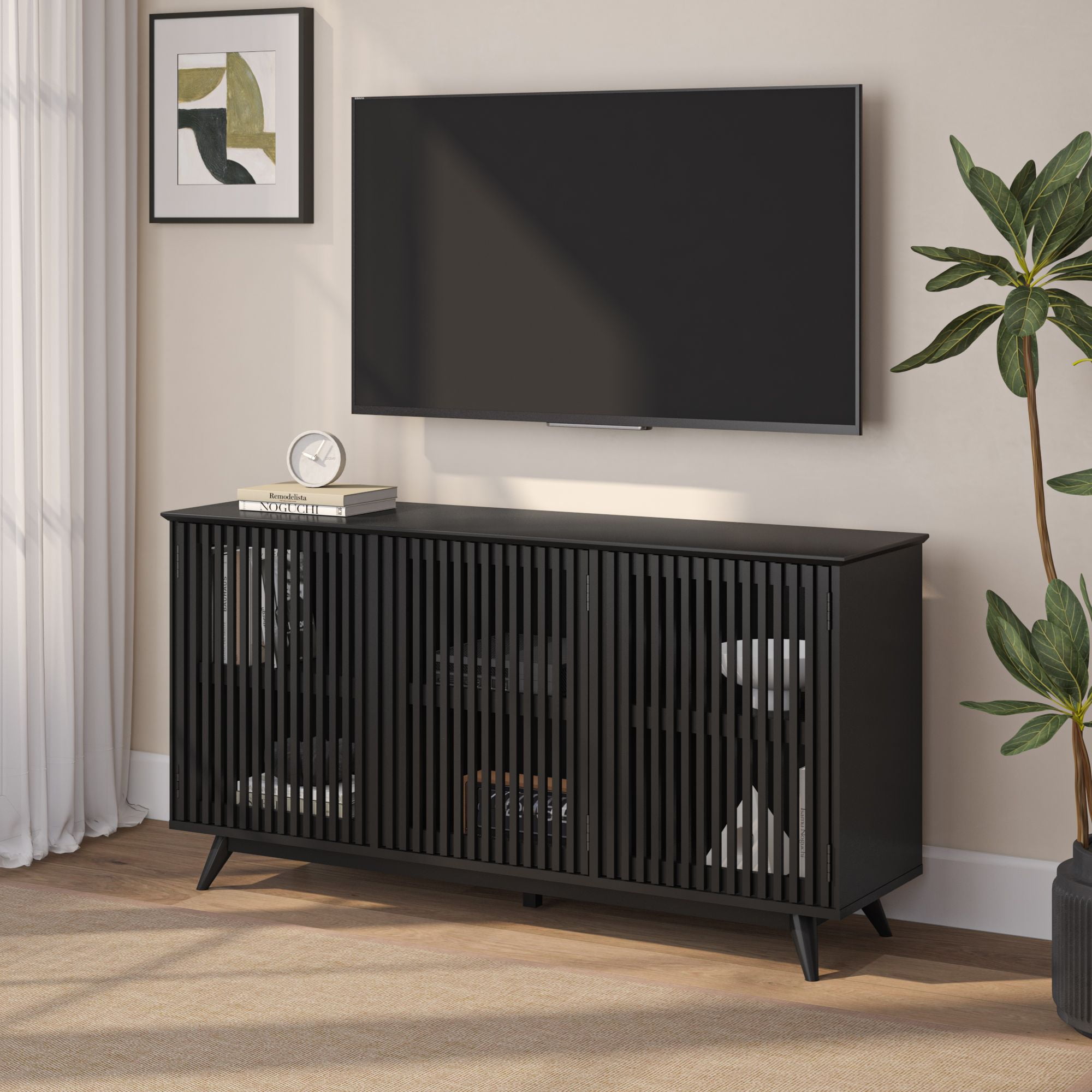 Plank+Beam Mid Century Modern Solid Wood Sideboard with 3 Doors, 59" TV ...