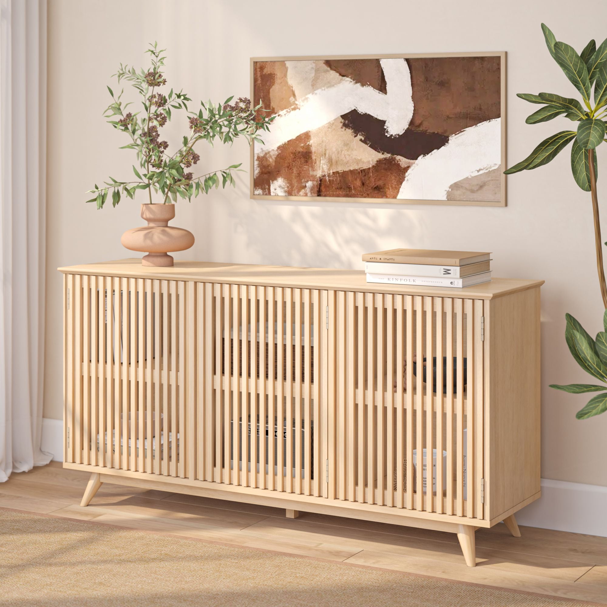 Plank+Beam Mid Century Modern Solid Wood Sideboard with 3 Doors, 59" TV ...