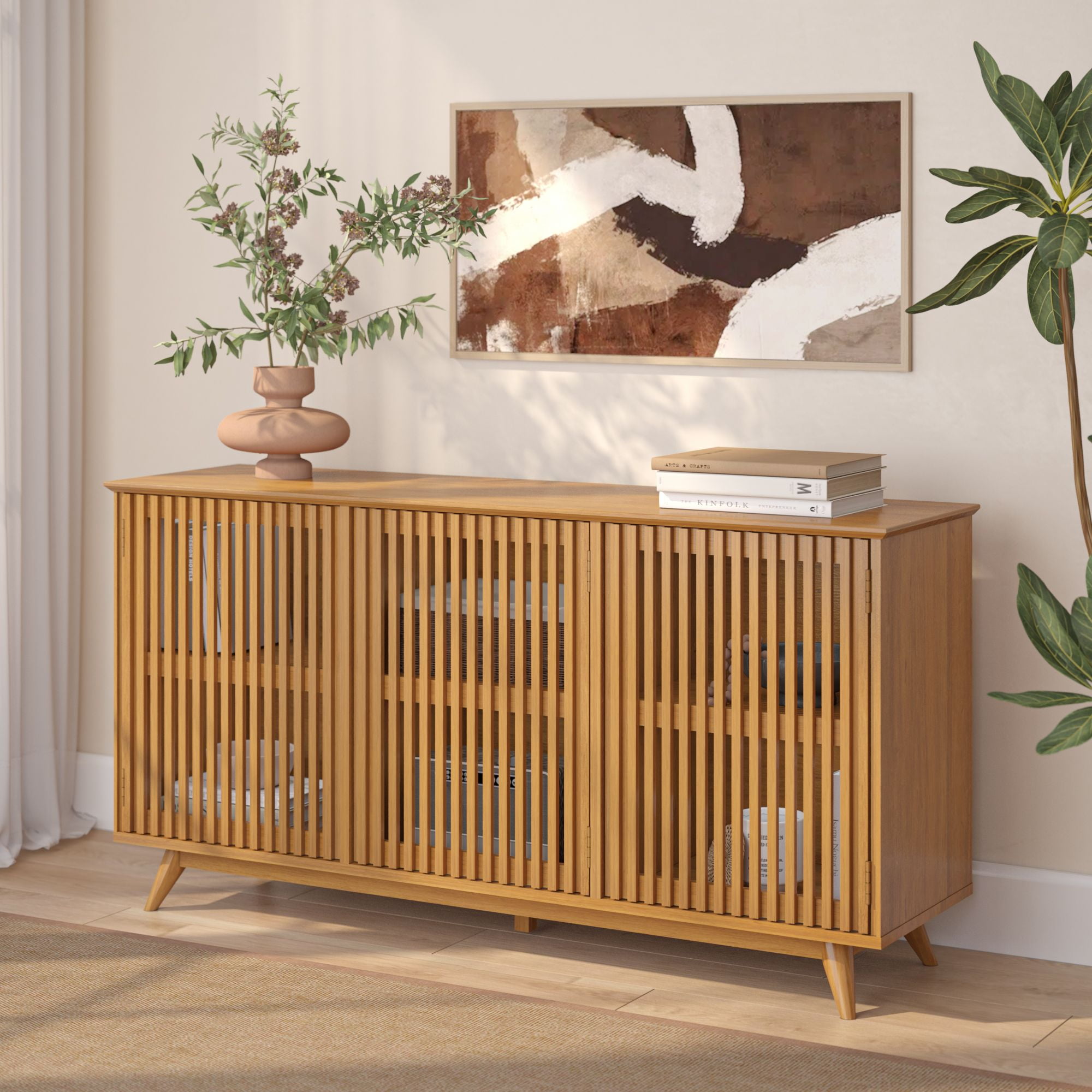 Plank+Beam Mid Century Modern Solid Wood Sideboard with 3 Doors, 59" TV ...