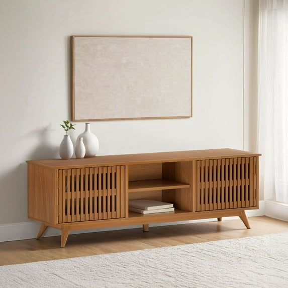 Plank+Beam Mid Century Modern Solid Wood TV Stand with 2 Doors, Pecan ...