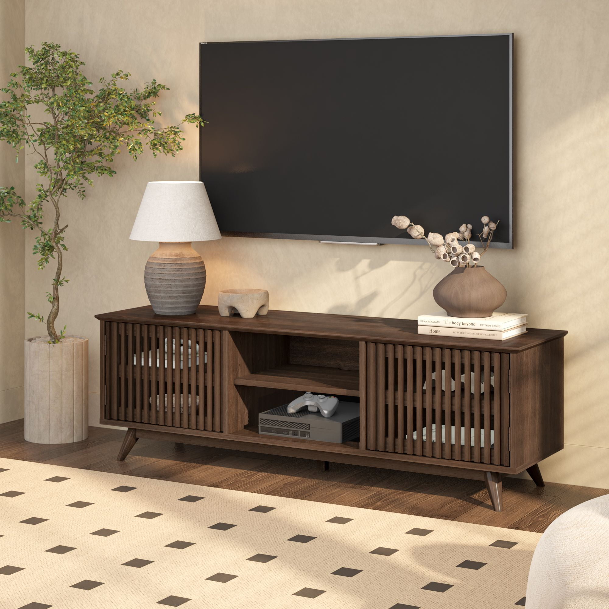 Plank+Beam Mid Century Modern Solid Wood TV Stand with 2 Doors, Walnut ...