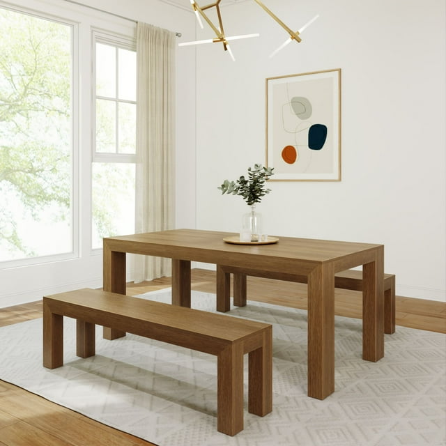 Plank+Beam Modern Dining Table Set with 2 Benches, Solid Wood Kitchen Table for Dining Room ...