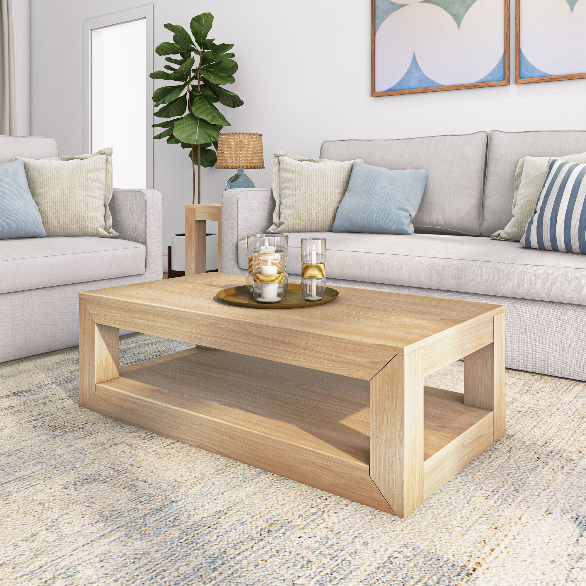 Plank+Beam 48" Modern Rectangular Coffee Table with Shelf, Solid Wood ...