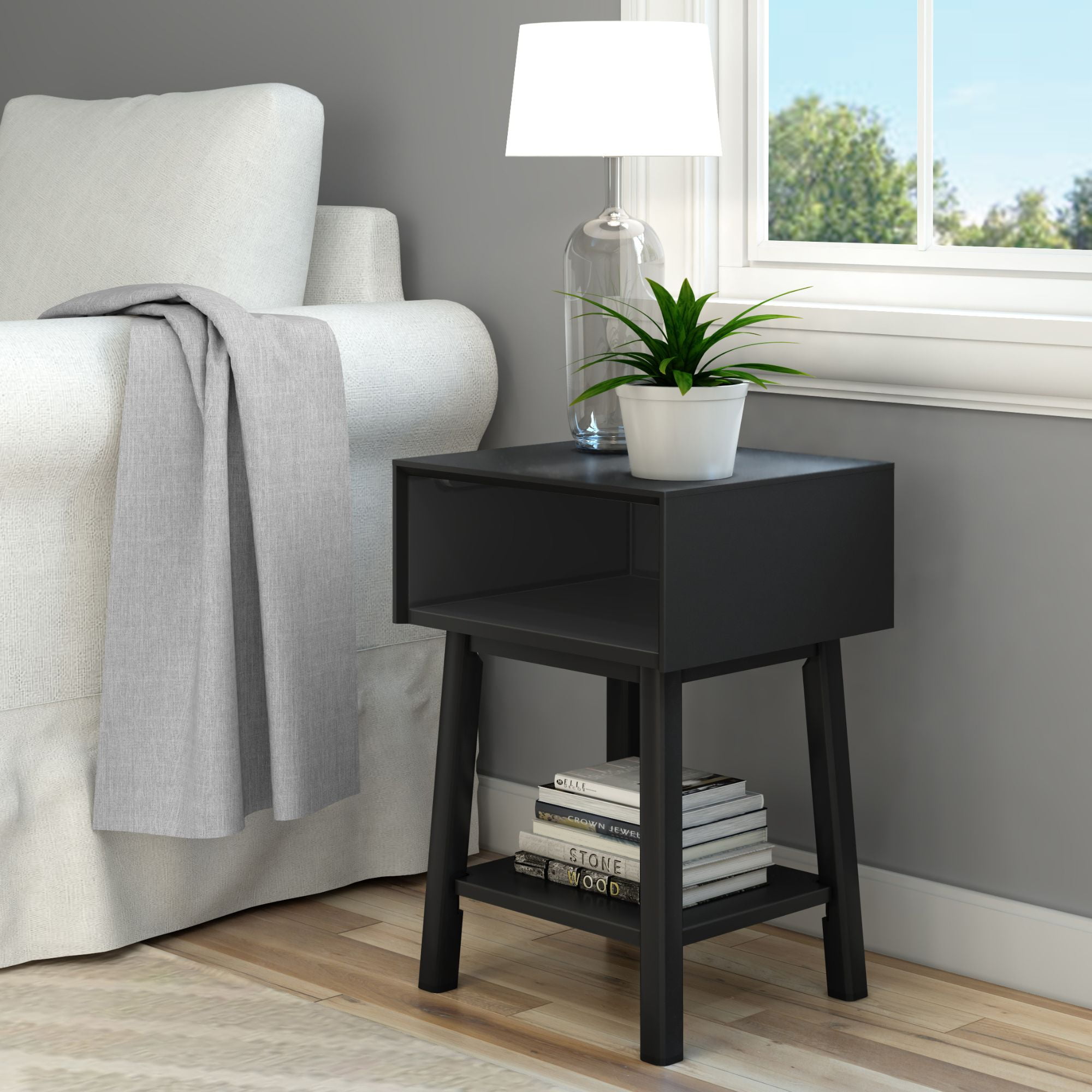 Plank+Beam Mid - Century Modern Nightstand with Cubby Shelf, Solid Wood ...