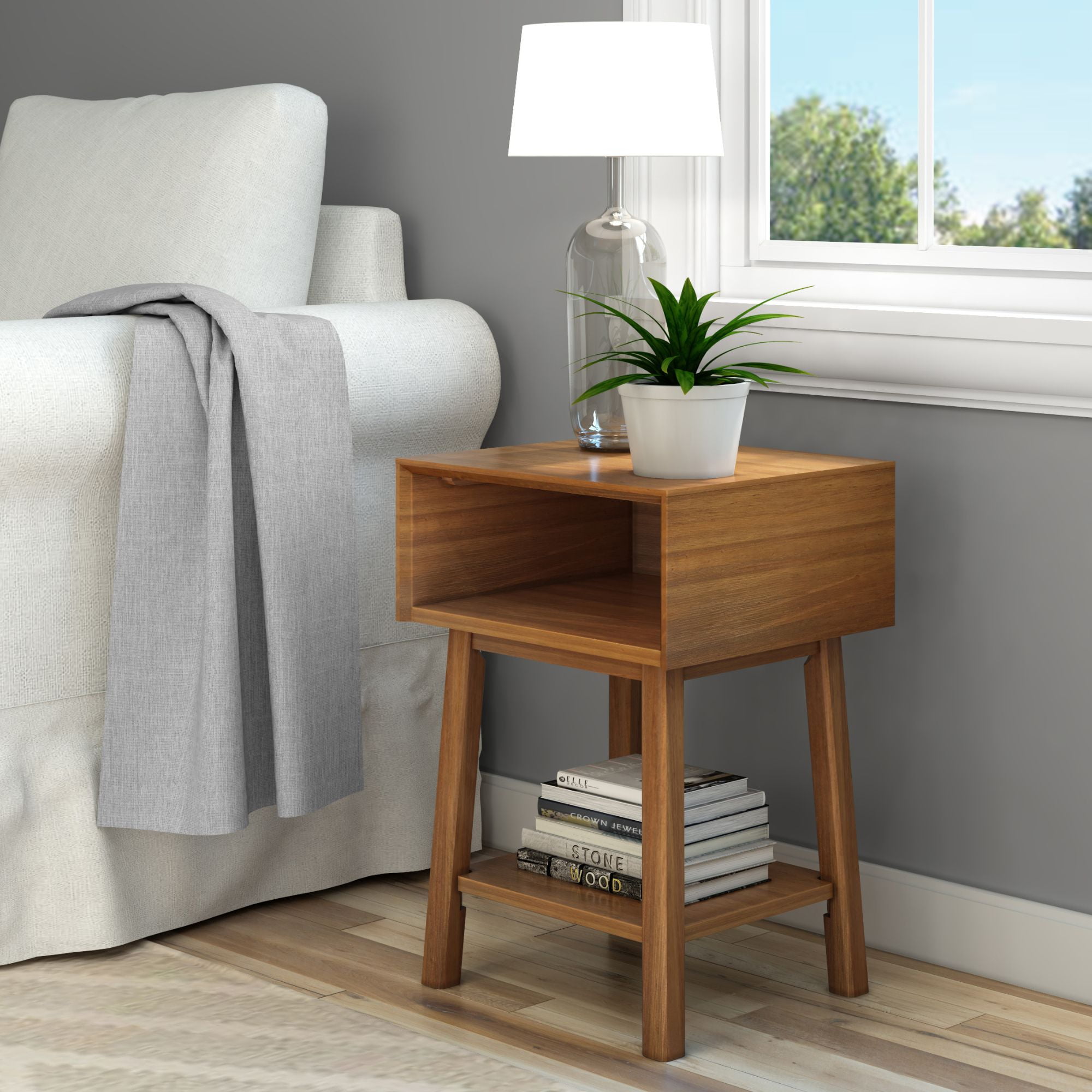 Plank+Beam Mid - Century Modern Nightstand with Cubby Shelf, Solid Wood ...