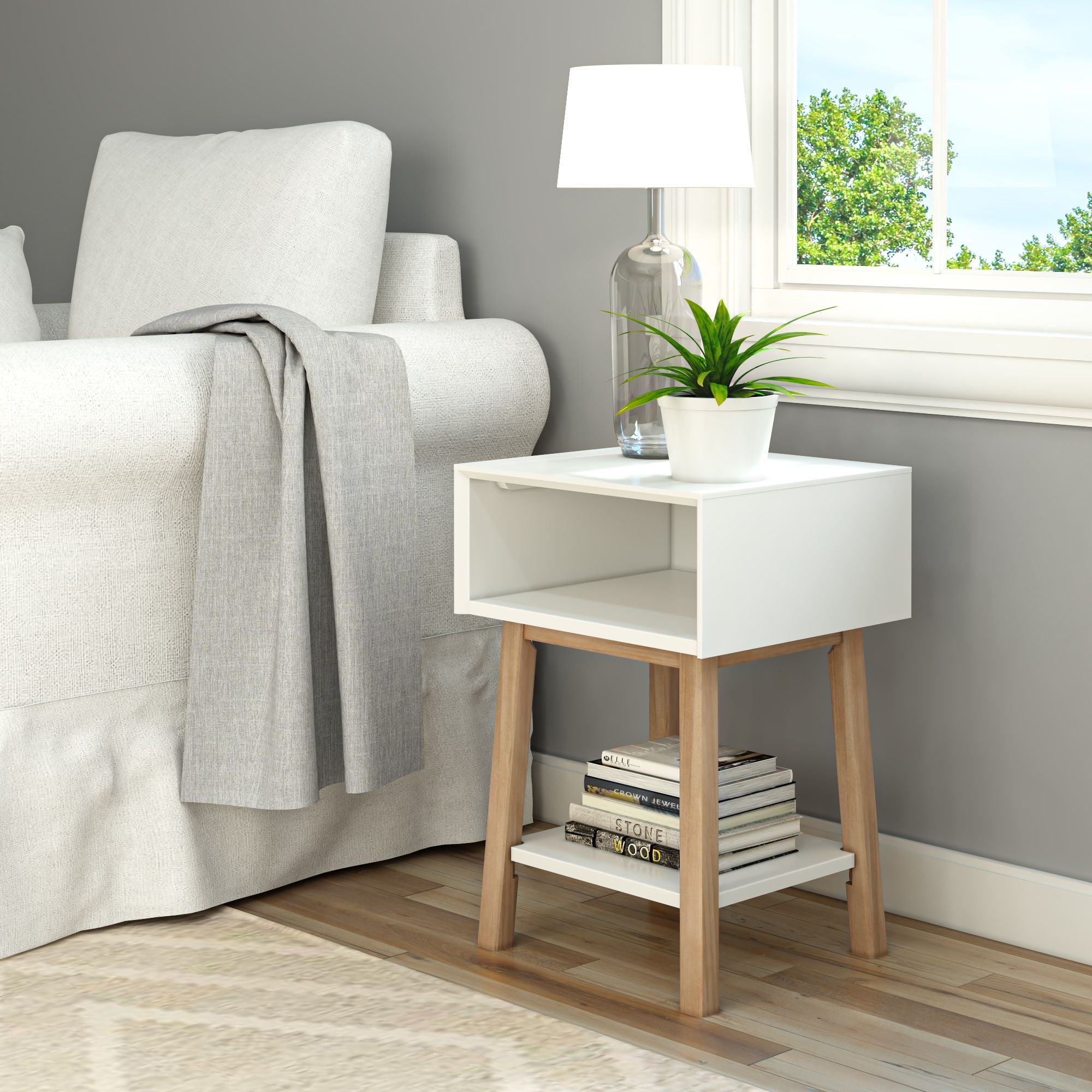Plank+Beam Mid - Century Modern Nightstand with Cubby Shelf, Solid Wood ...