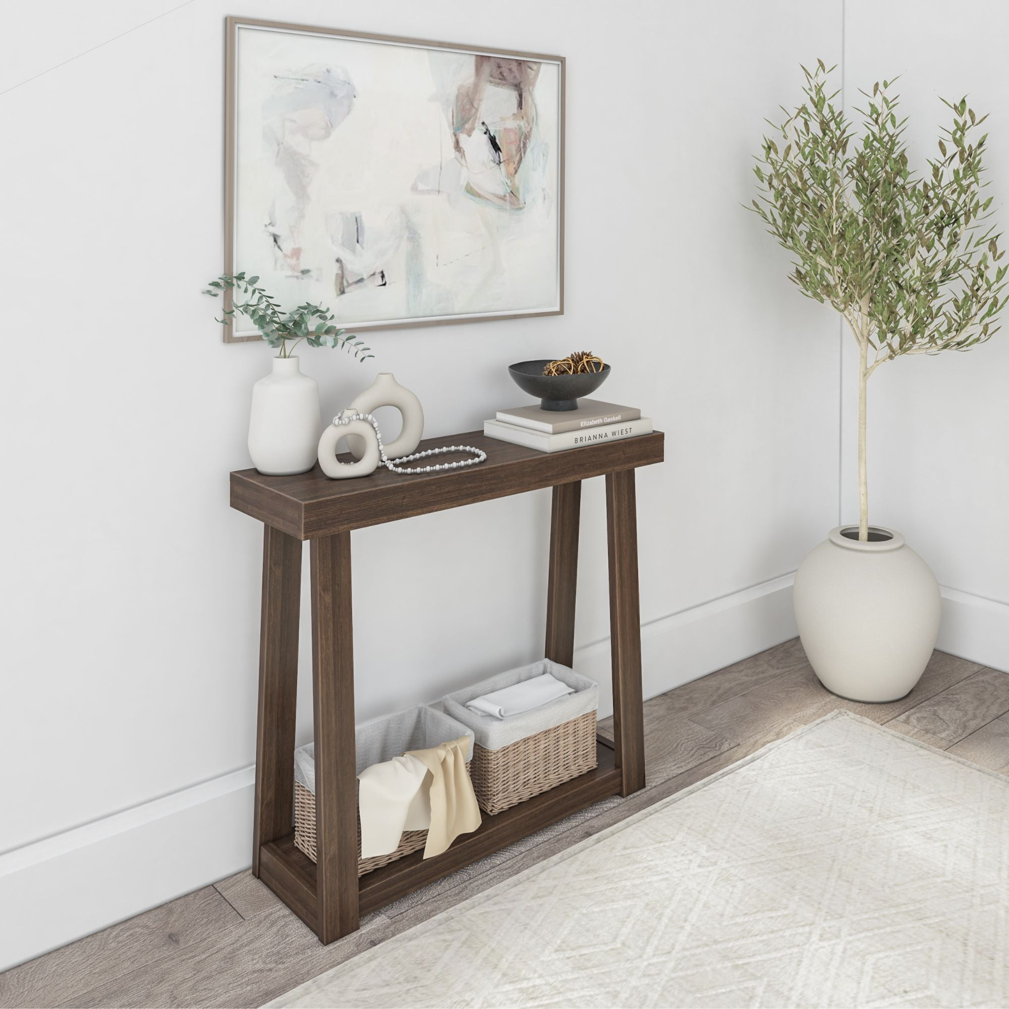 Plank+Beam Solid Pine 36” Console Table with Shelf, Walnut Finish, Easy ...