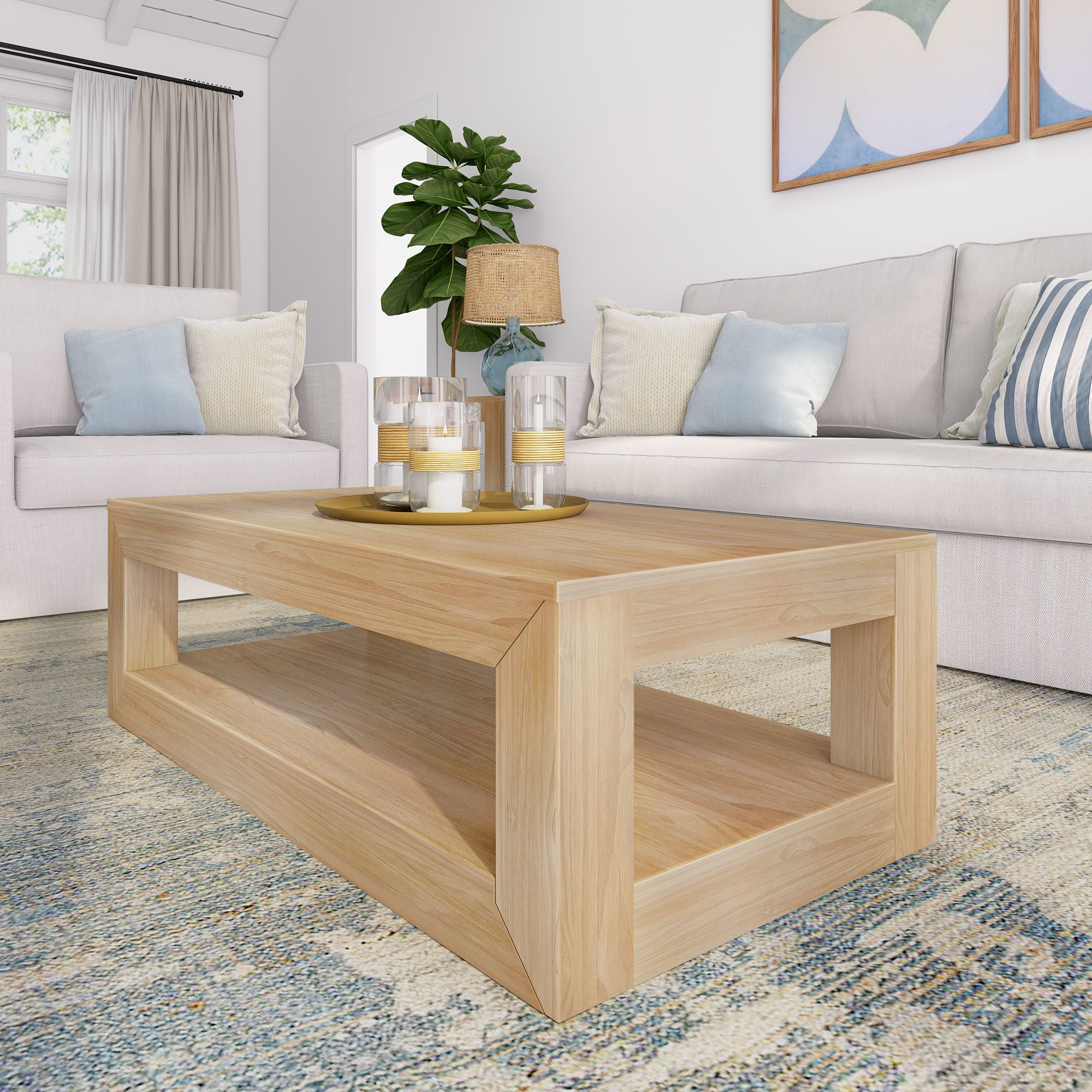 Plank+Beam 40" Modern Rectangular Coffee Table with Shelf, Solid Wood ...