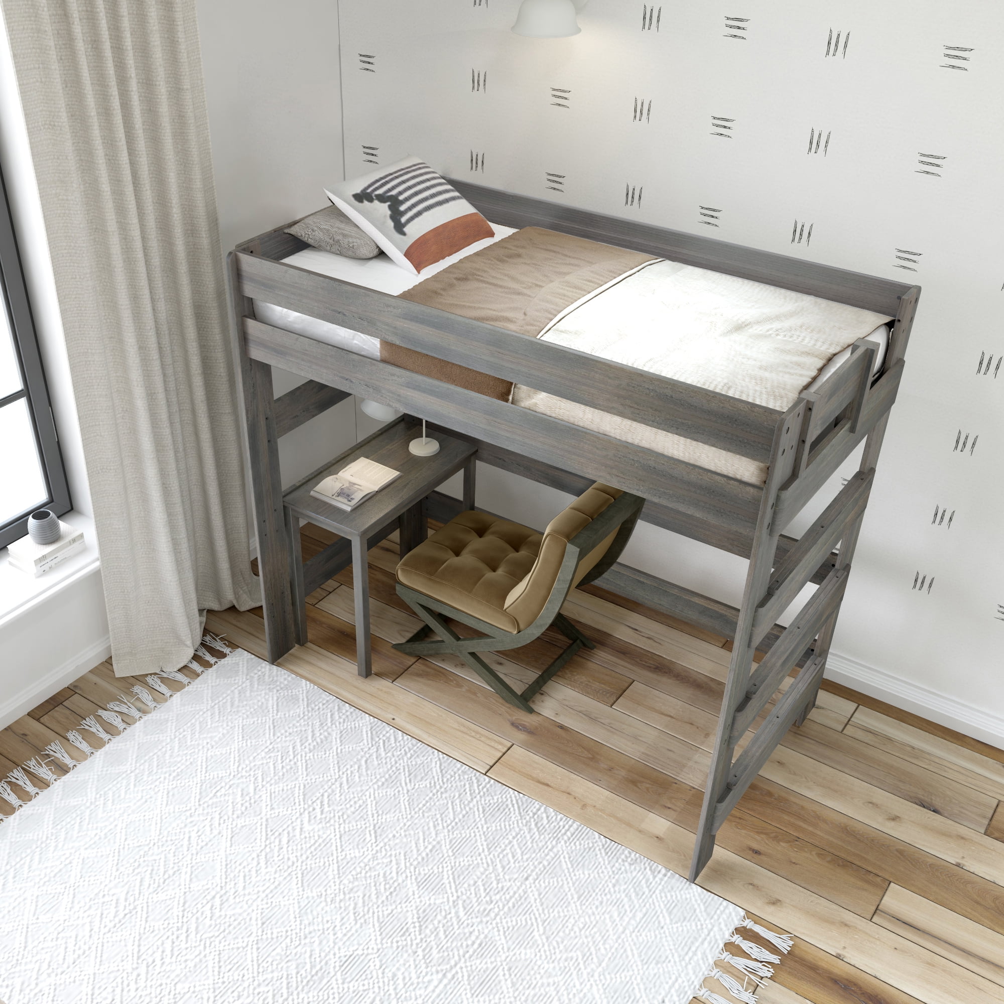 Plank+Beam Solid Wood Farmhouse High Loft Bed with Desk, Driftwood ...