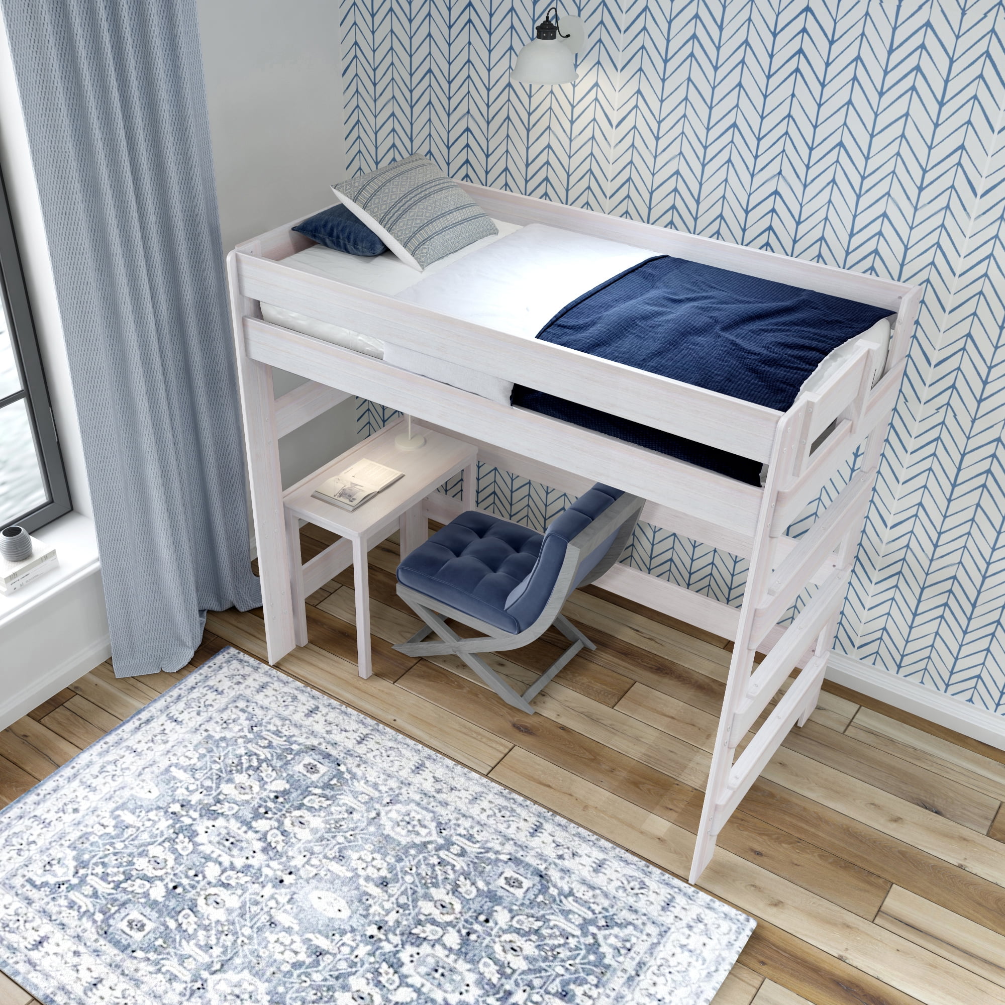 Plank+Beam Solid Wood Farmhouse High Loft Bed with Desk, White Wash - Walmart.com