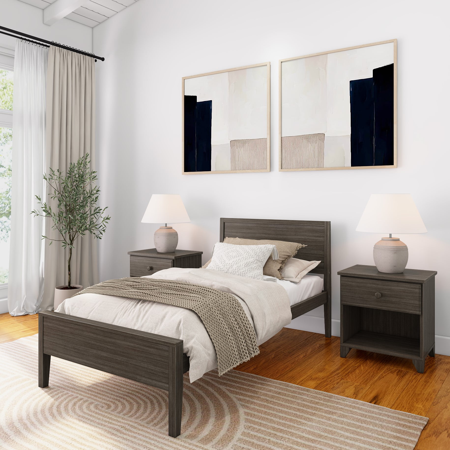 Plank+Beam Solid Wood Twin Bed Frame with Headboard, Modern Platform ...