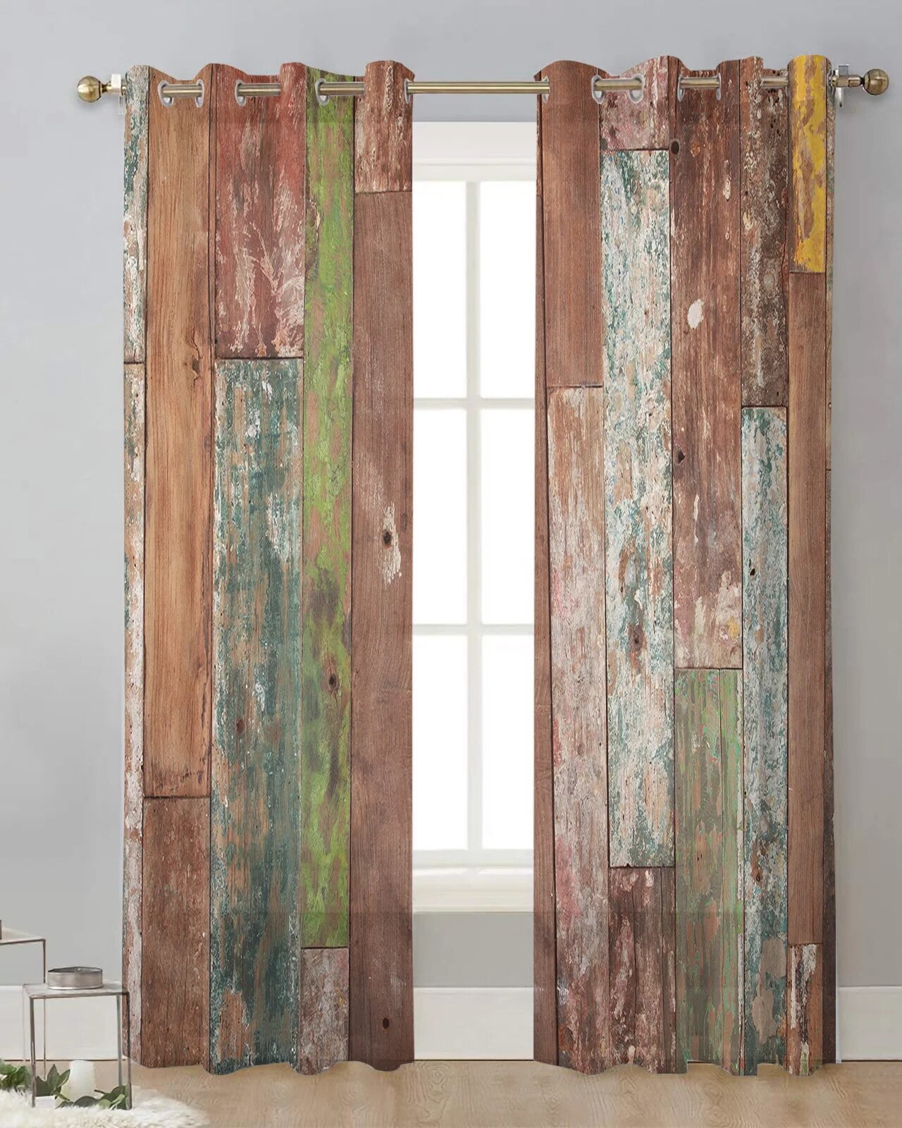 Plank Mottled Gap Splicing Tulle Window Curtains Living Room Bedroom ...