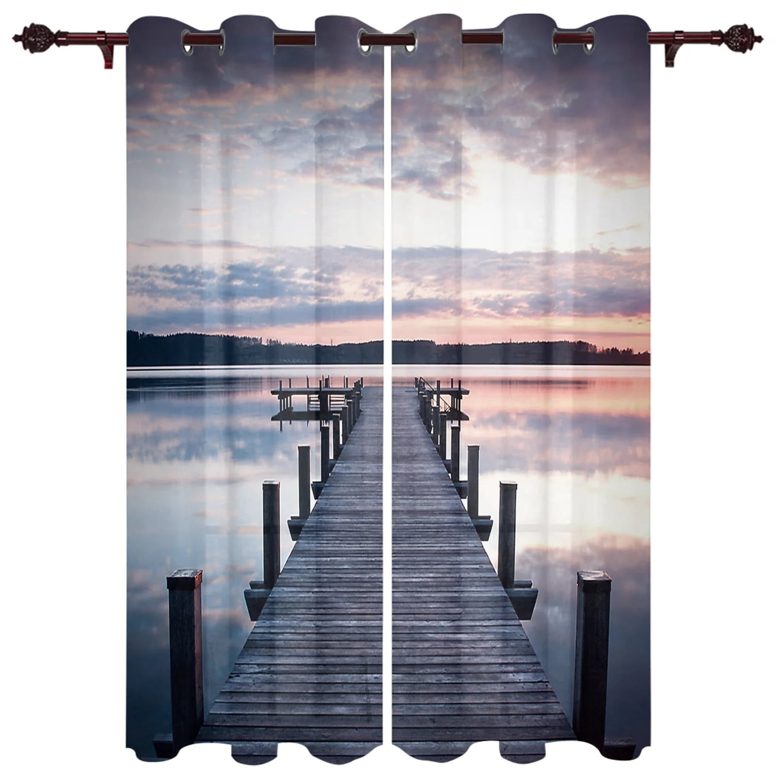 Plank Wood Bridge Lake Sun Cloud Sunset Curtains for Kid Bedroom Modern ...