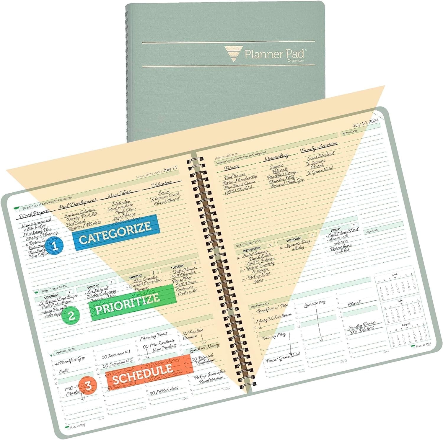 Planner Pad Spiral Bound 3-Tier Funnel Down 12 Month Organizer, July ...