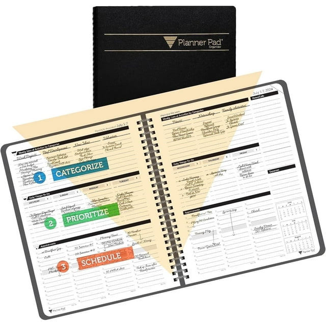 Planner Pad Spiral Bound 3-Tier Funnel Down 12 Month Organizer, July ...
