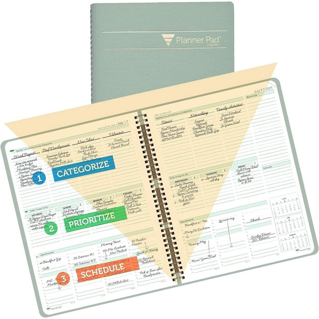 Planner Pad Spiral Bound 3-Tier Funnel Down 12 Month Organizer, July ...