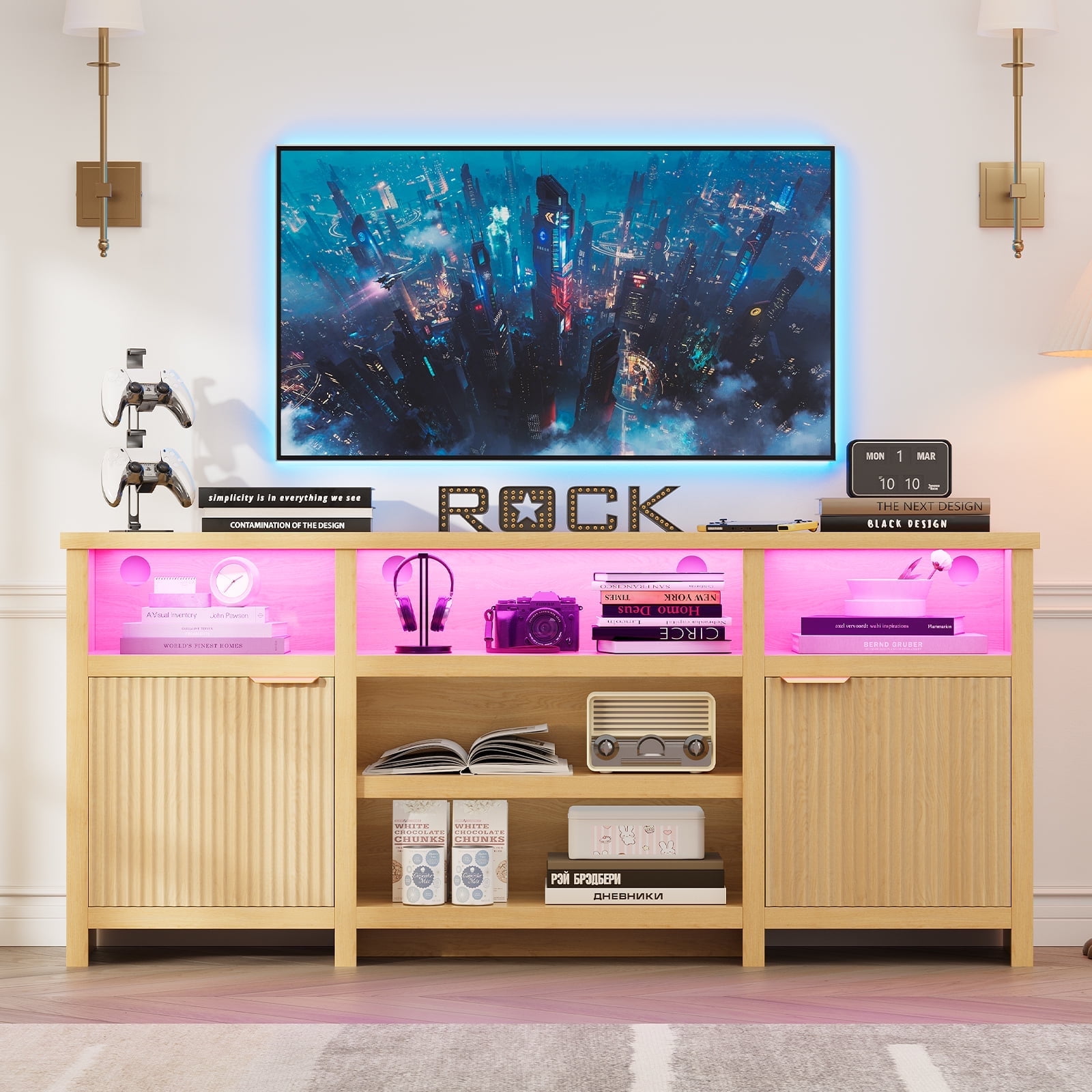 Planntonneo Fluted LED TV Stands for TVs Up to 80 Inch, Entertainment ...