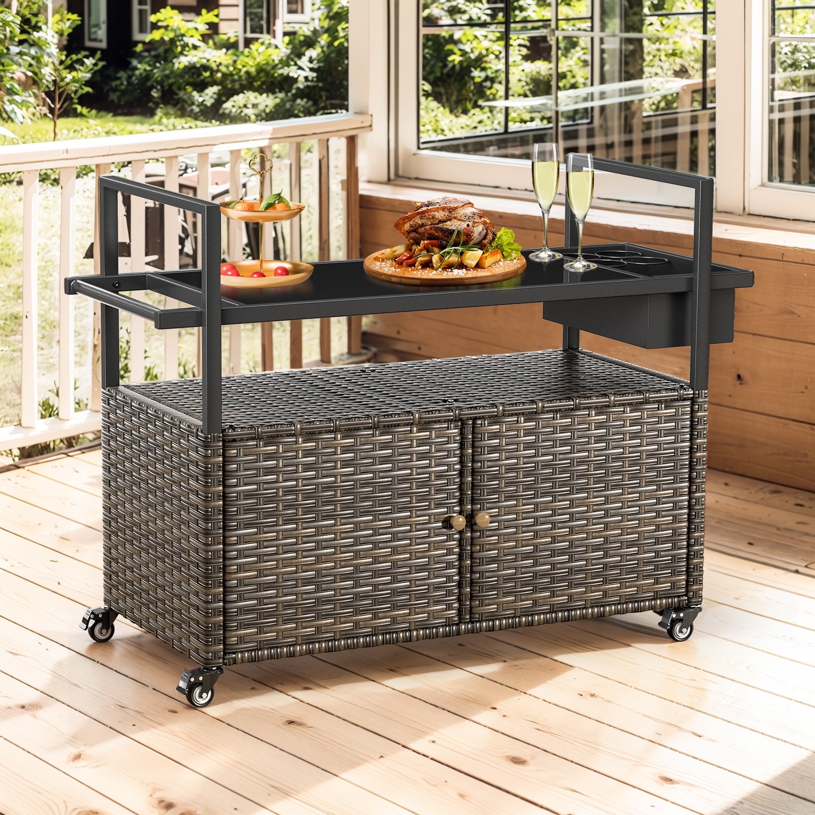 Planntonneo Wicker Outdoor Bar Cart Table Patio Console Storage Cabinet ...