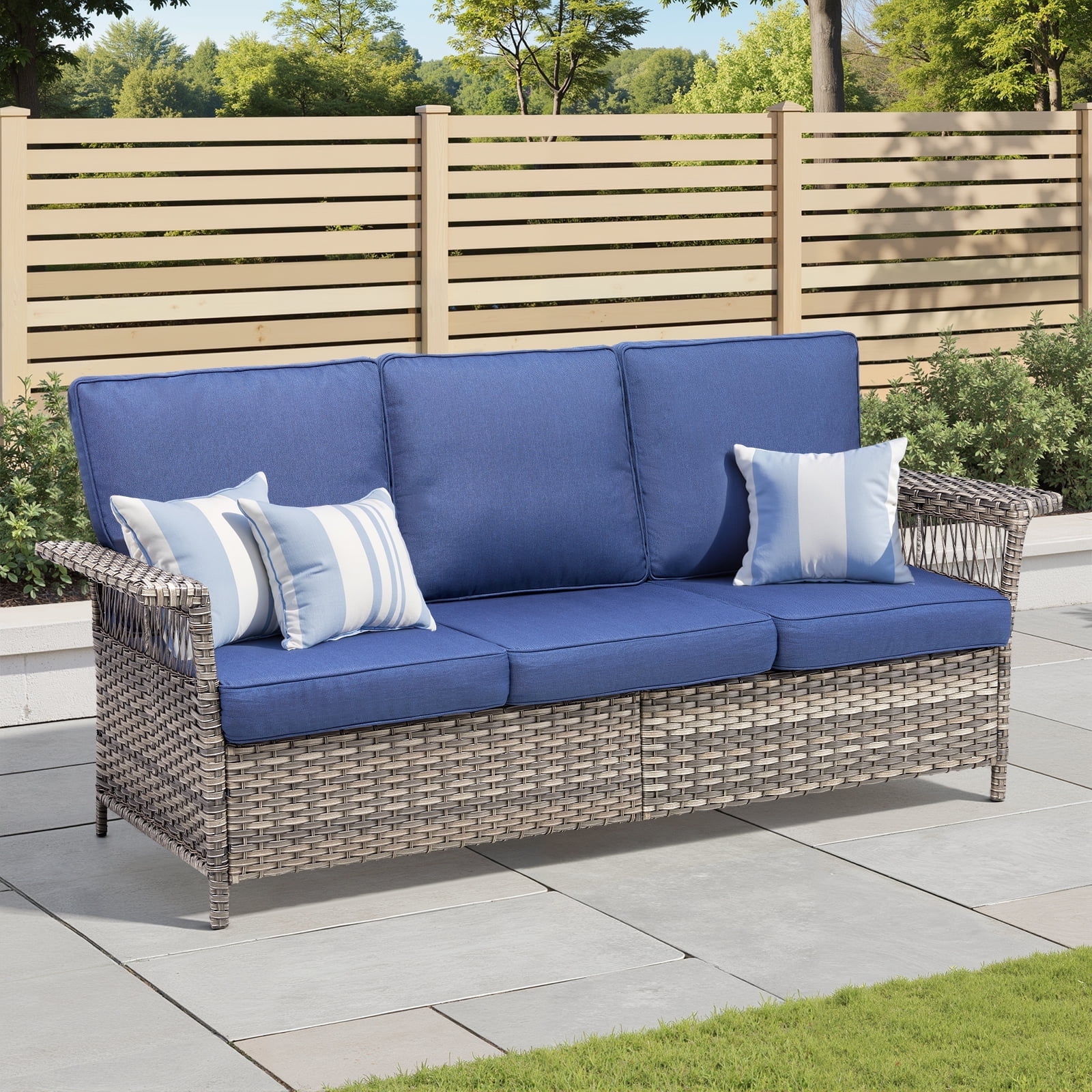 Planntonneo Wicker Outdoor Couch Patio 3-Seat Sofa with 4-inch Blue ...