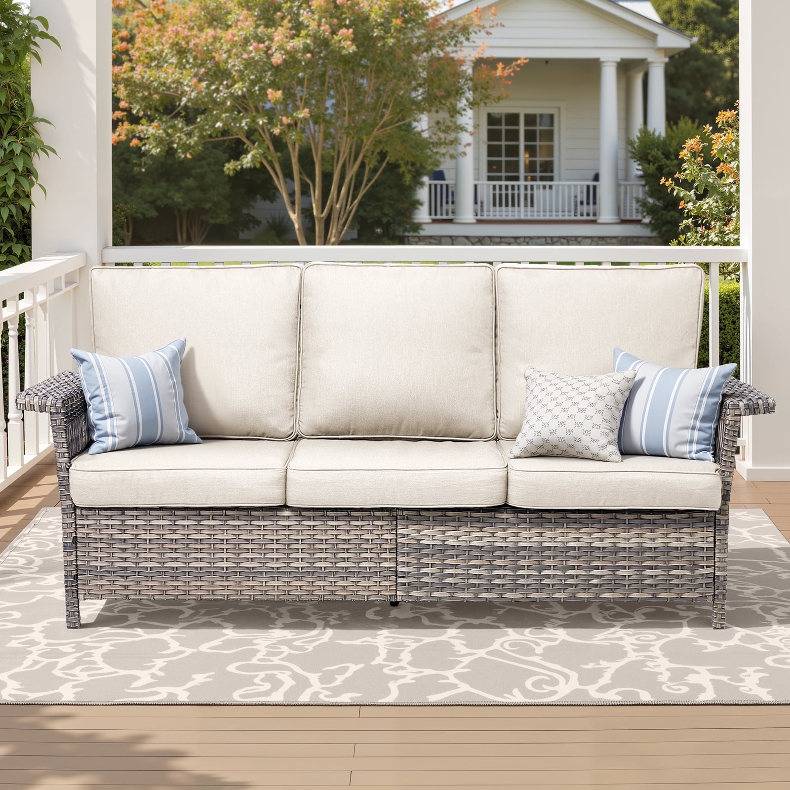Planntonneo Wicker Outdoor Couch Patio 3-Seat Sofa with 5-inch Beige ...
