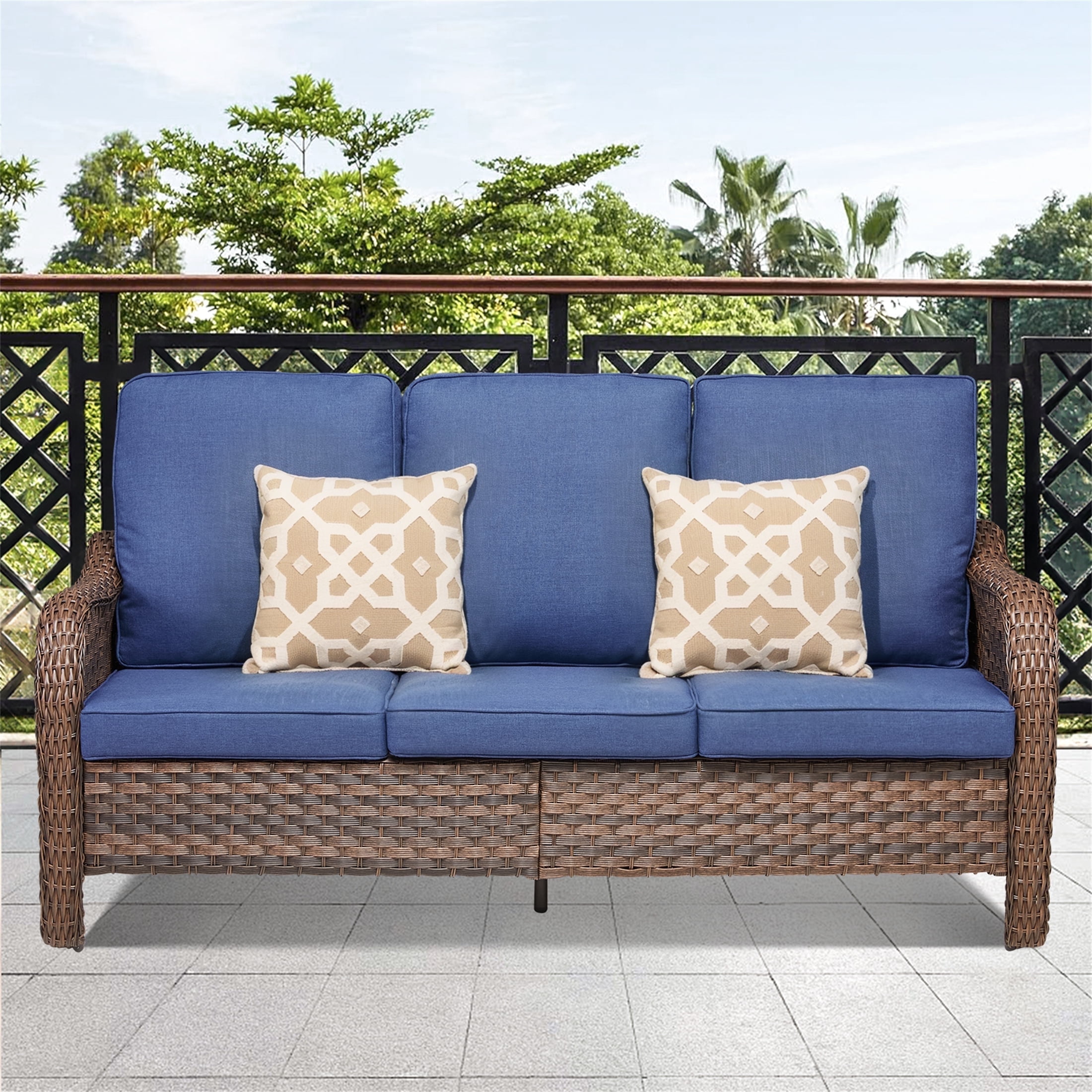 Planntonneo Wicker Outdoor Couch Patio 3-Seat Sofa with Blue Cushions ...