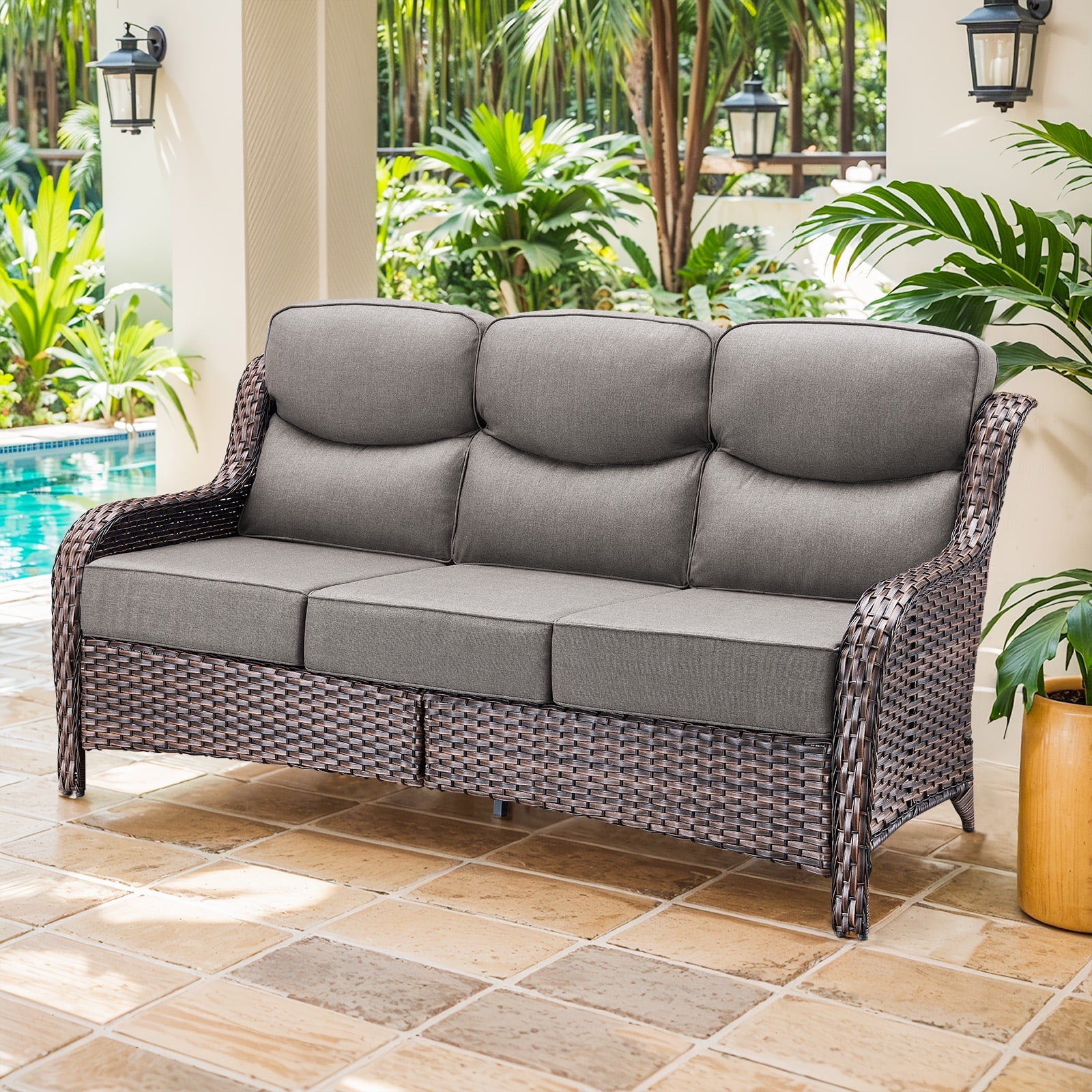 Planntonneo Wicker Patio High Backrest 3-Seat Sofa with 6" Cushion ...