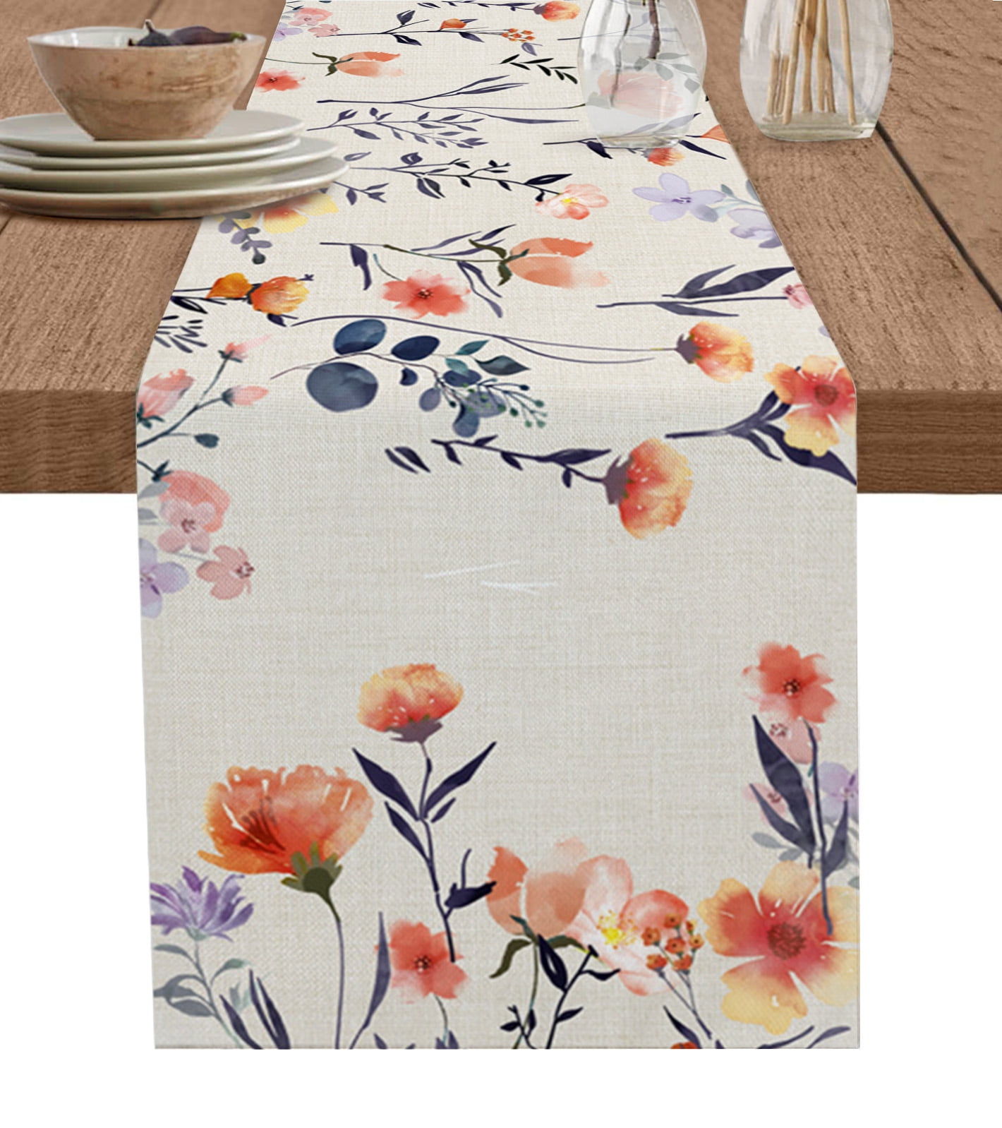 Plant And Flower Hand-Painted Orange Table Runner ration Home r Dinner ...