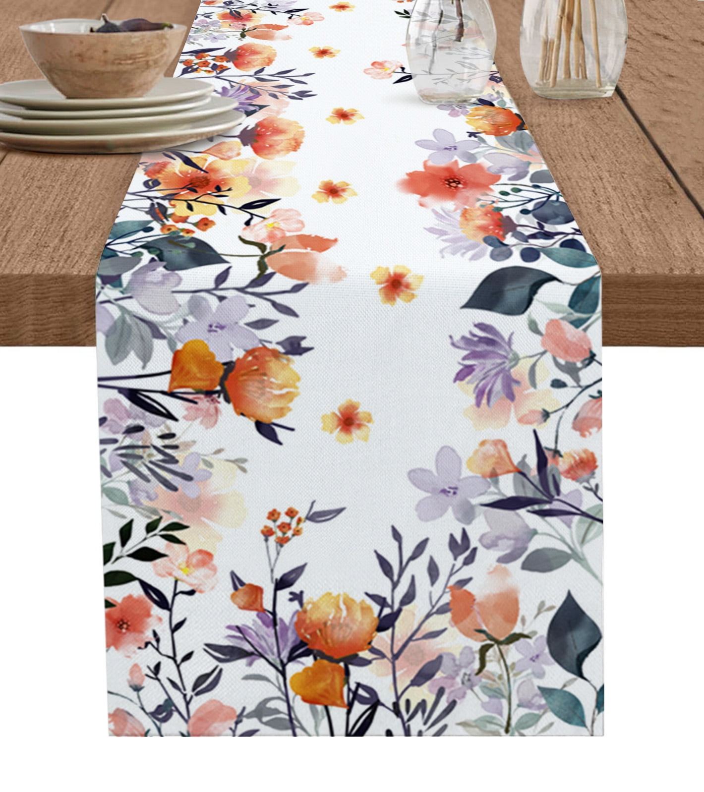 Plant And Flower Hand-Painted Watercolor Orange Table Runner ration ...