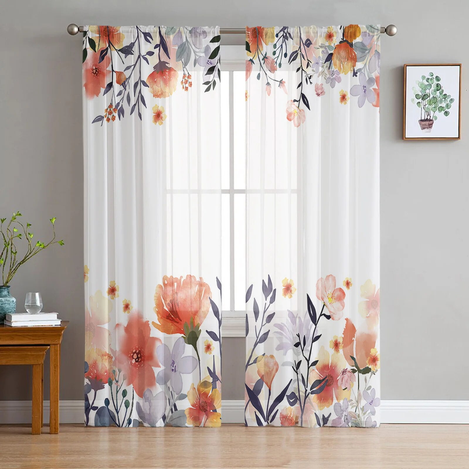 Plant And Flower Hand-Painted Watercolor Orange Tulle Drapes for Living ...