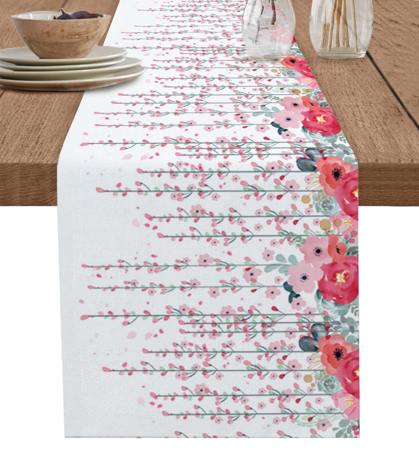 Plant And Flower Illustration In Red And Pink Table Runner ration Home r Dinner Table ration ...