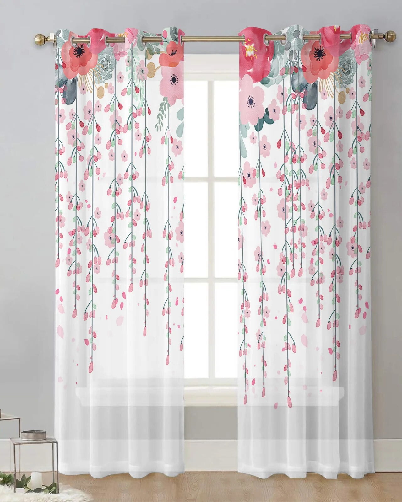 Plant And Flower Illustration In Red And Pink Tulle Curtains Living ...