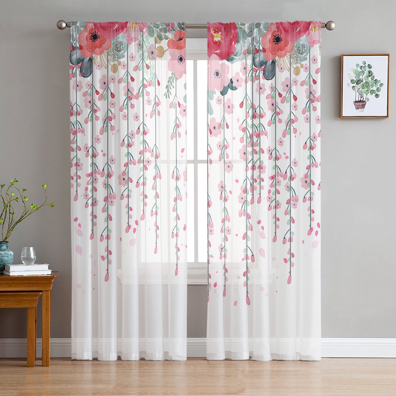 Plant And Flower Illustration In Red And Pink Tulle Drapes for Living ...