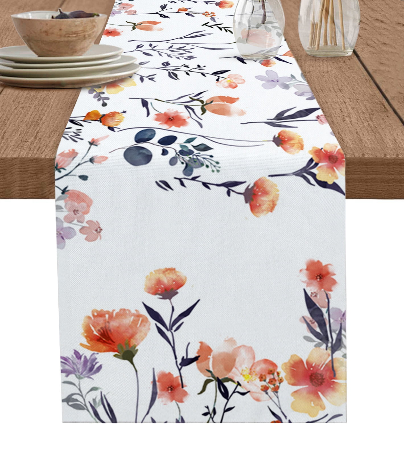 Plant And Flower Watercolor Illustration Orange Table Runner ration ...