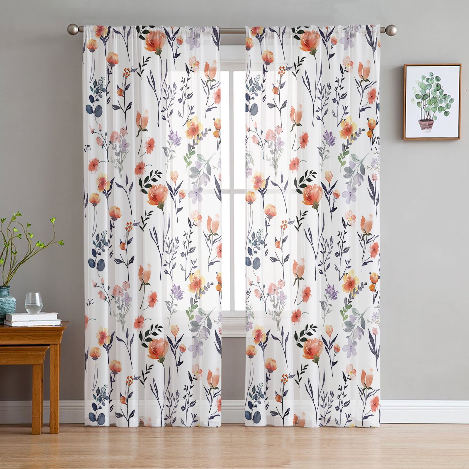 Plant And Flower Watercolor Illustration Orange Tulle Drapes for Living ...