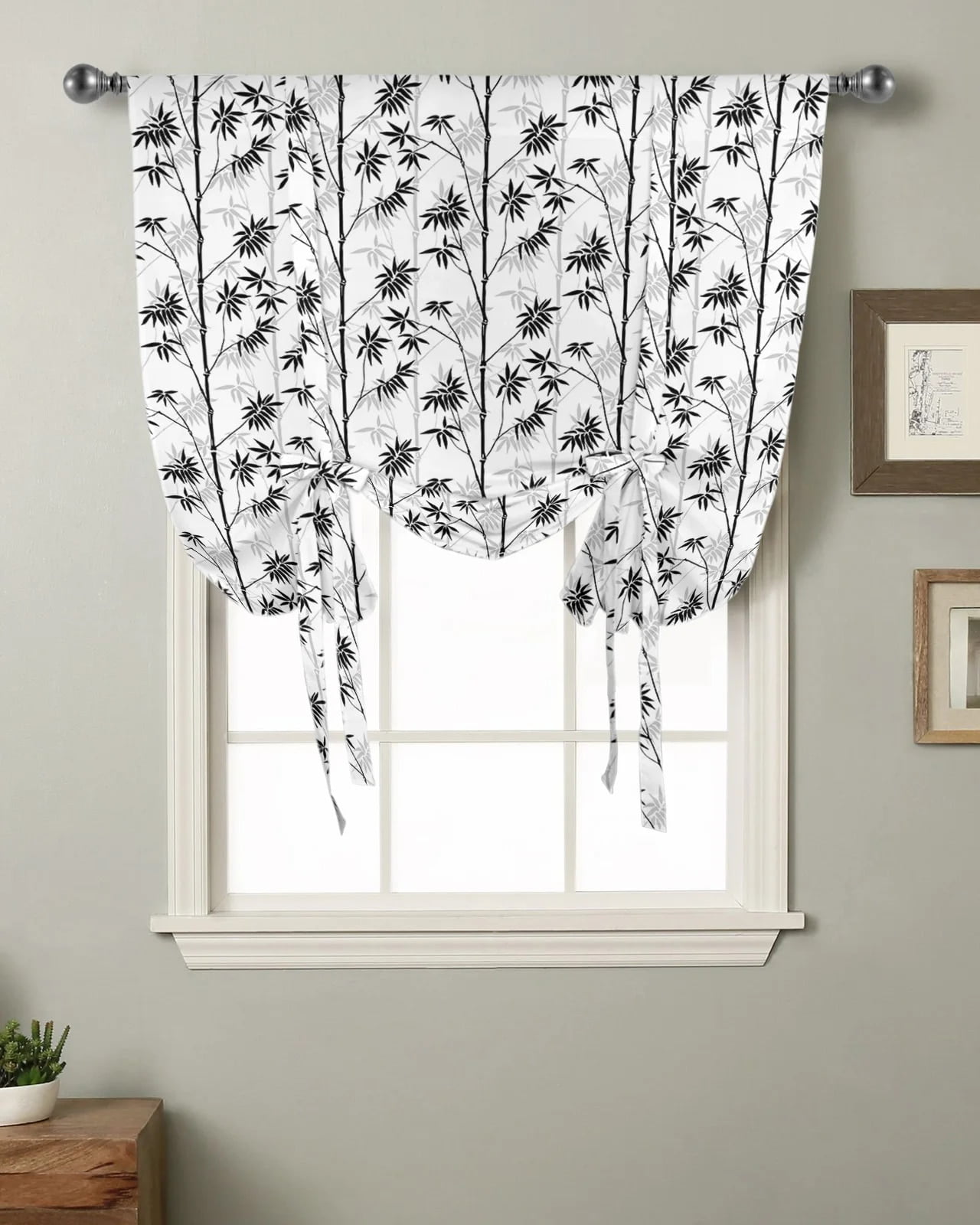 Plant Bamboo Black White Kitchen Short Window Curtain Rod Pocket ...
