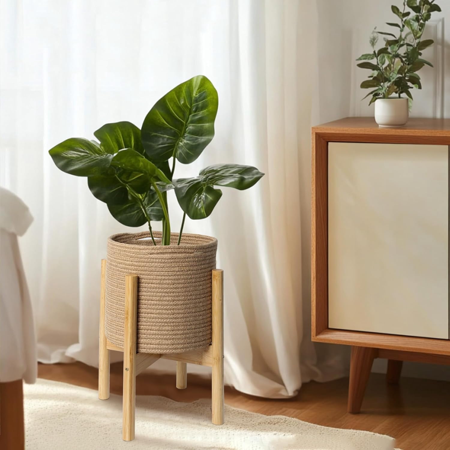 Plant Basket with Stand, Indoor Round Wicker Basket with Bamboo Wood ...