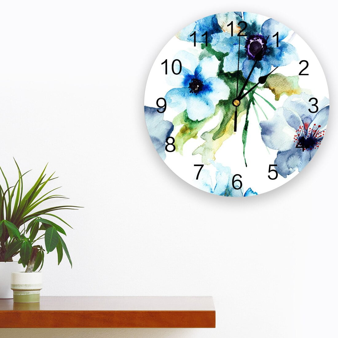 Plant Blue Flower Watercolor Painting Wall Clock Non Ticking Decorative ...