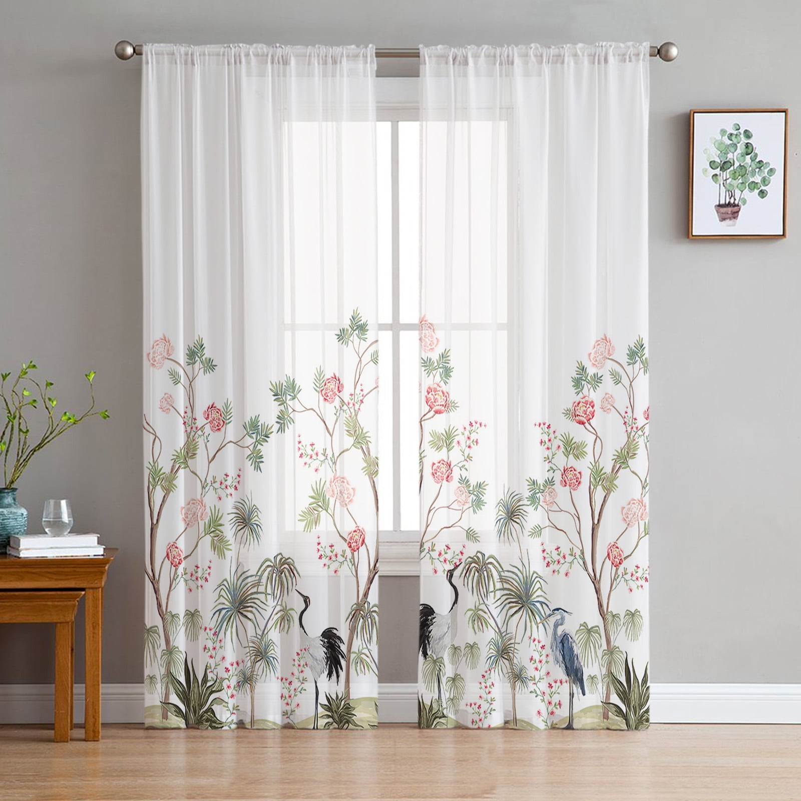 Plant Branch Green Leaves Tulle Sheer Window Curtains for Living Room ...