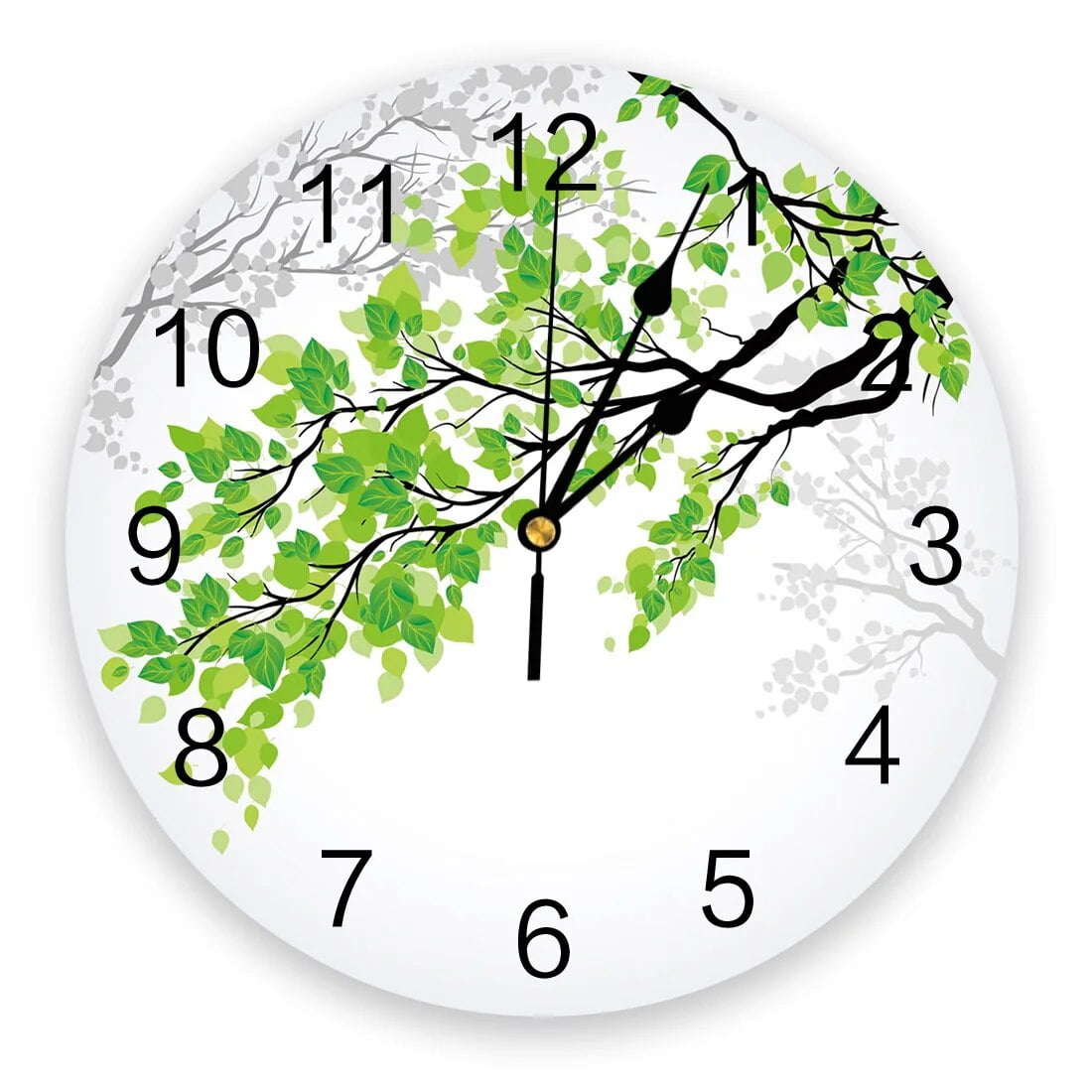 Plant Branch Green Leaves Wall Clock Home Decor Bedroom Silent Oclock ...