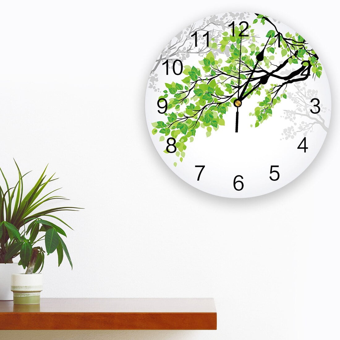 Plant Branch Green Leaves Wall Clock Home Decor Silent Wall Clock ...