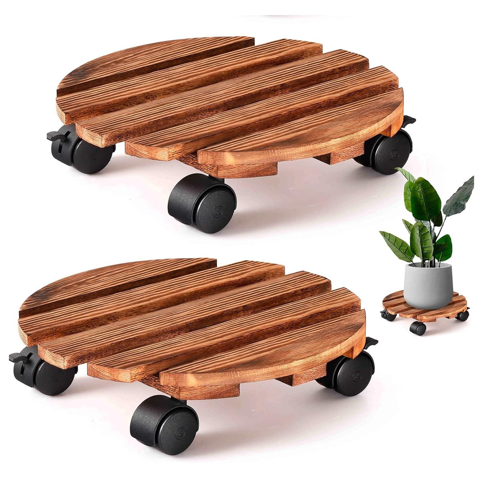 Plant Caddy 2 Pack Wooden 12 Inch Heavy Duty Rolling Plant Stand Round ...