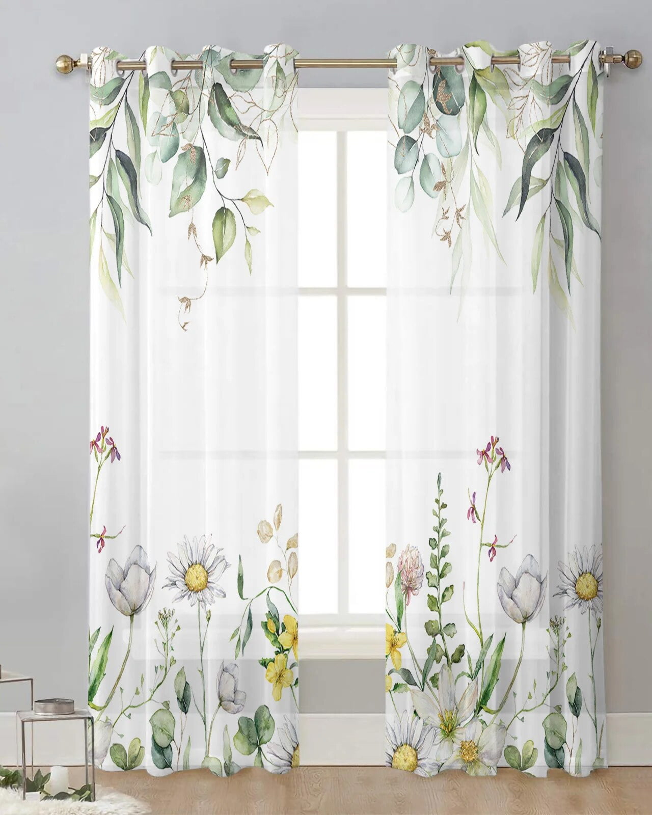 Plant Chamomile Geranium Eucalyptus Voile Hanging Curtain Living Room ...